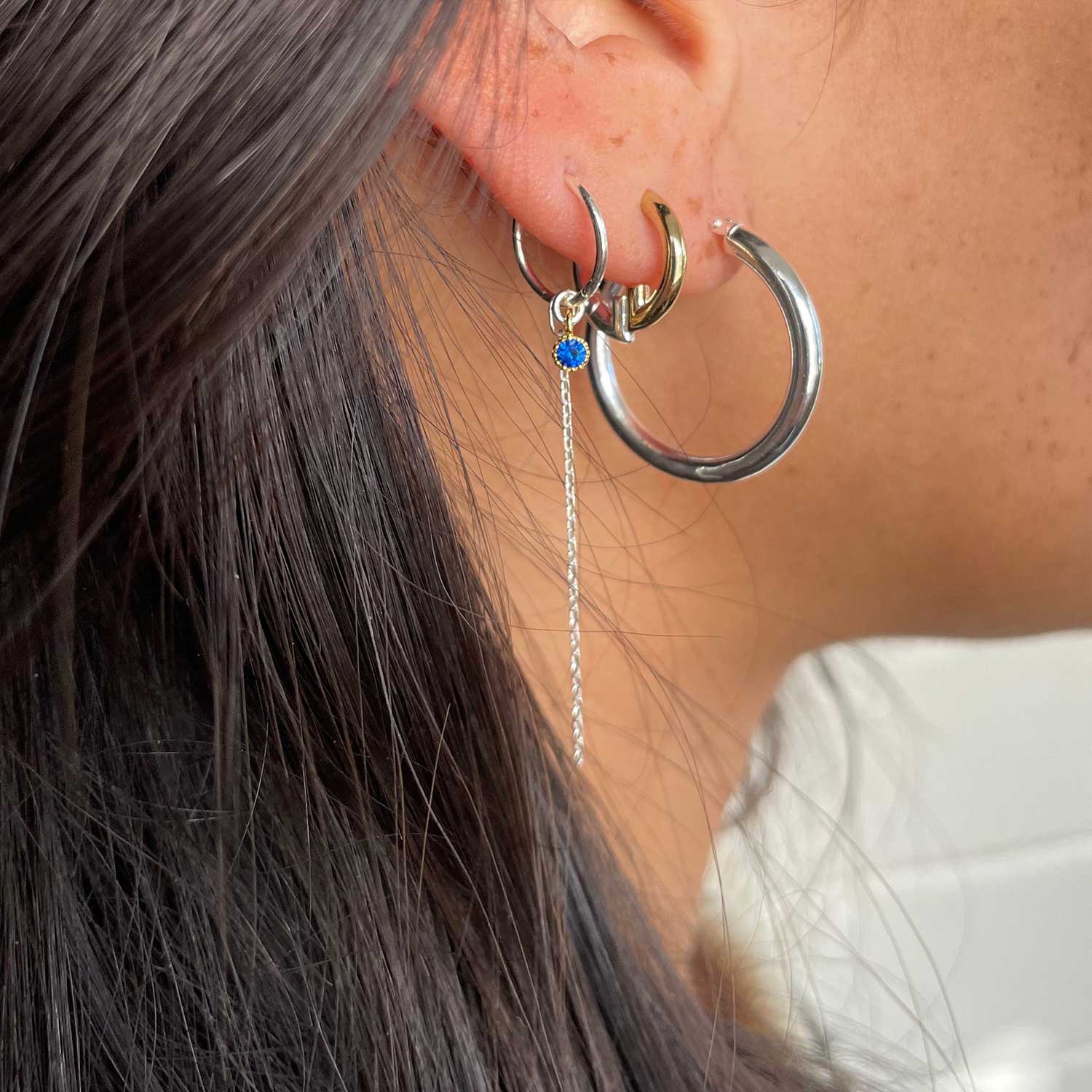 Silver & Chain Sapphire Hoops Earrings
